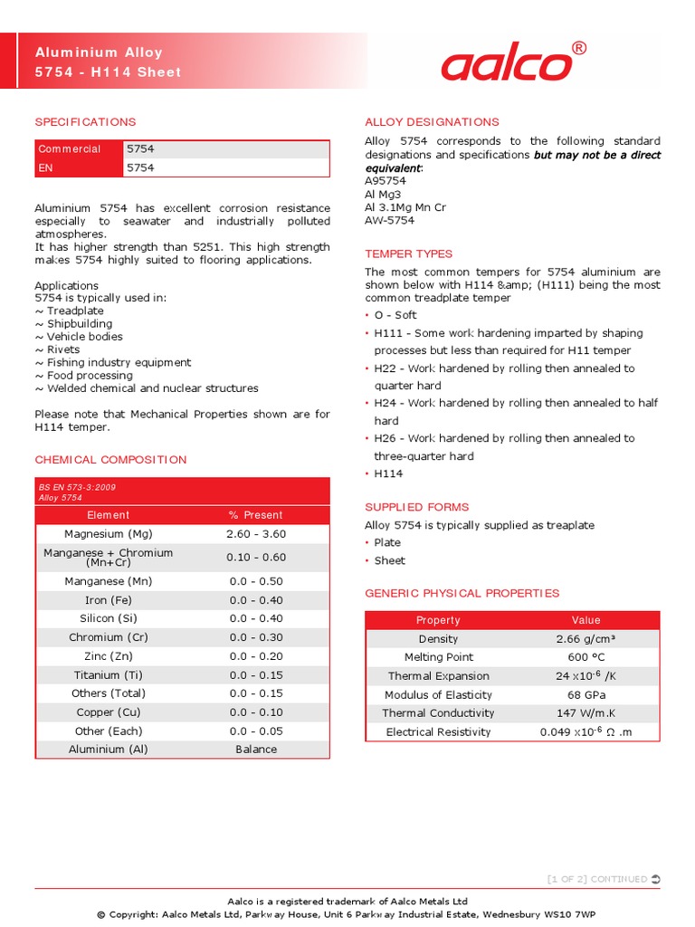 Aluminium Alloy 5754 - H114 Sheet | PDF | Alloy | Manganese
