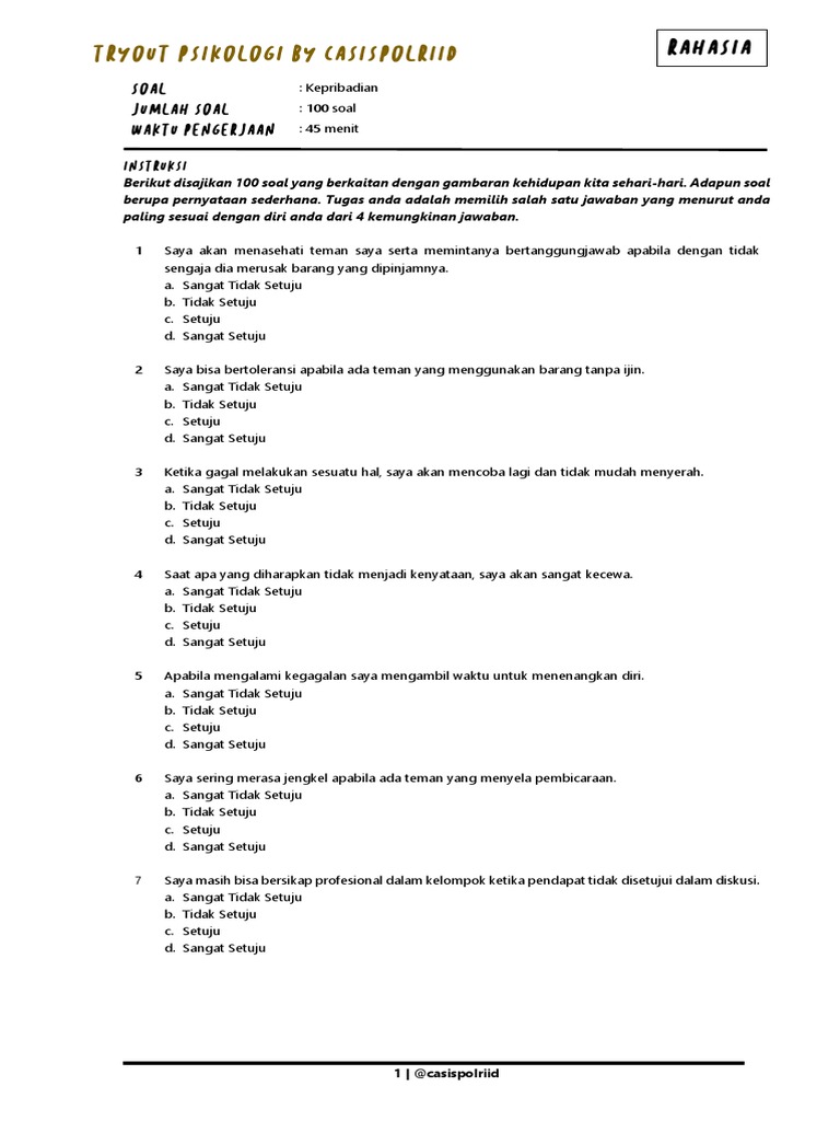 Tryout Kepribadian 100 Soal | PDF