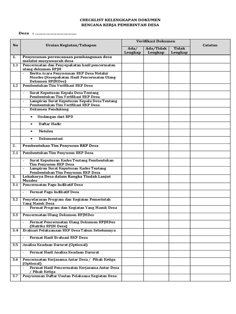 CHECKLIST KELENGKAPAN DOKUMEN RKP Desa | PDF