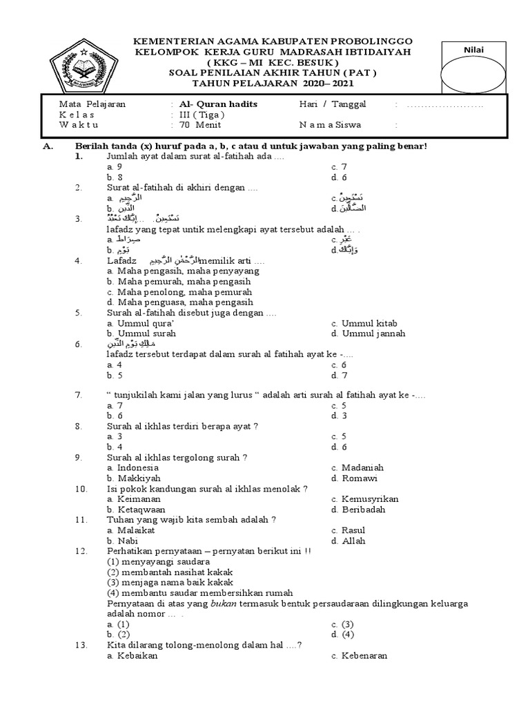 Soal Qurdis Kelas 3 | PDF
