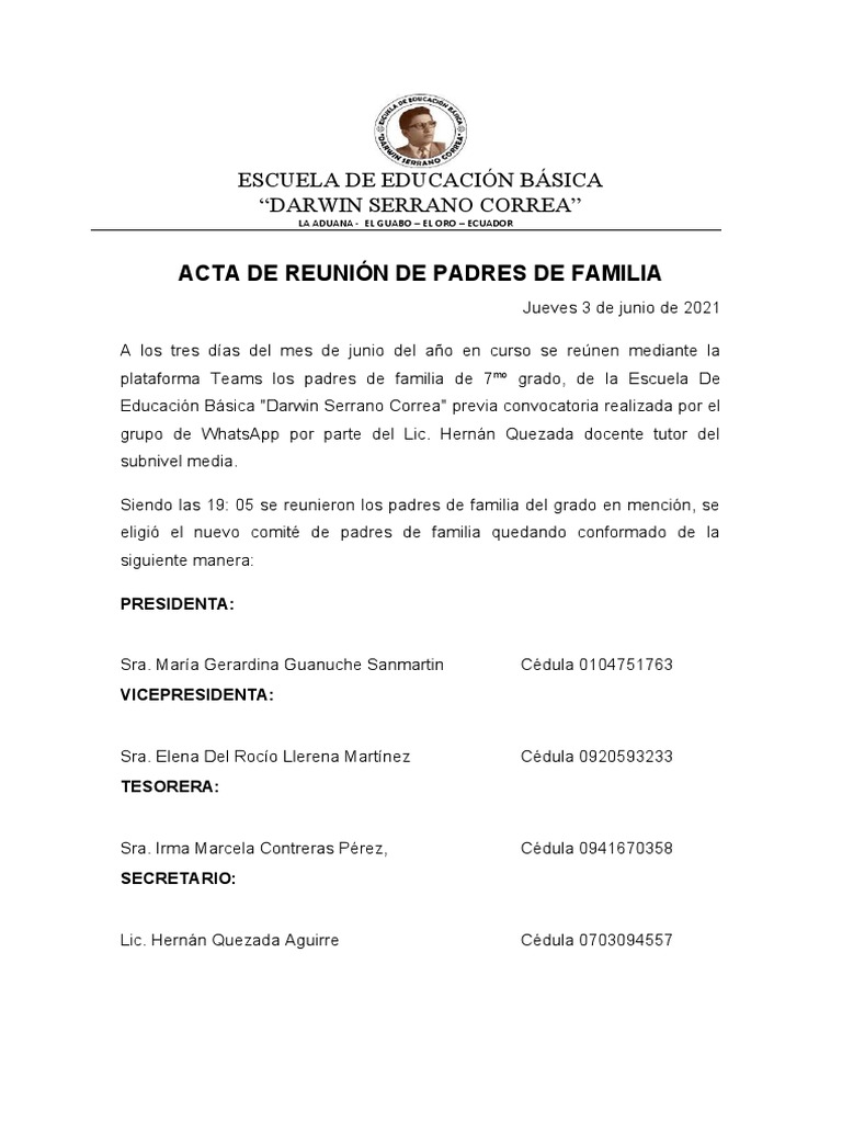 Acta de Reunión de Padres de Familia | PDF | Educación avanzada