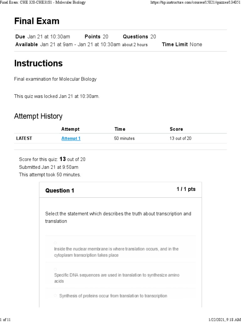 Final Exam: Attempt History | PDF | Ribosome | Dna