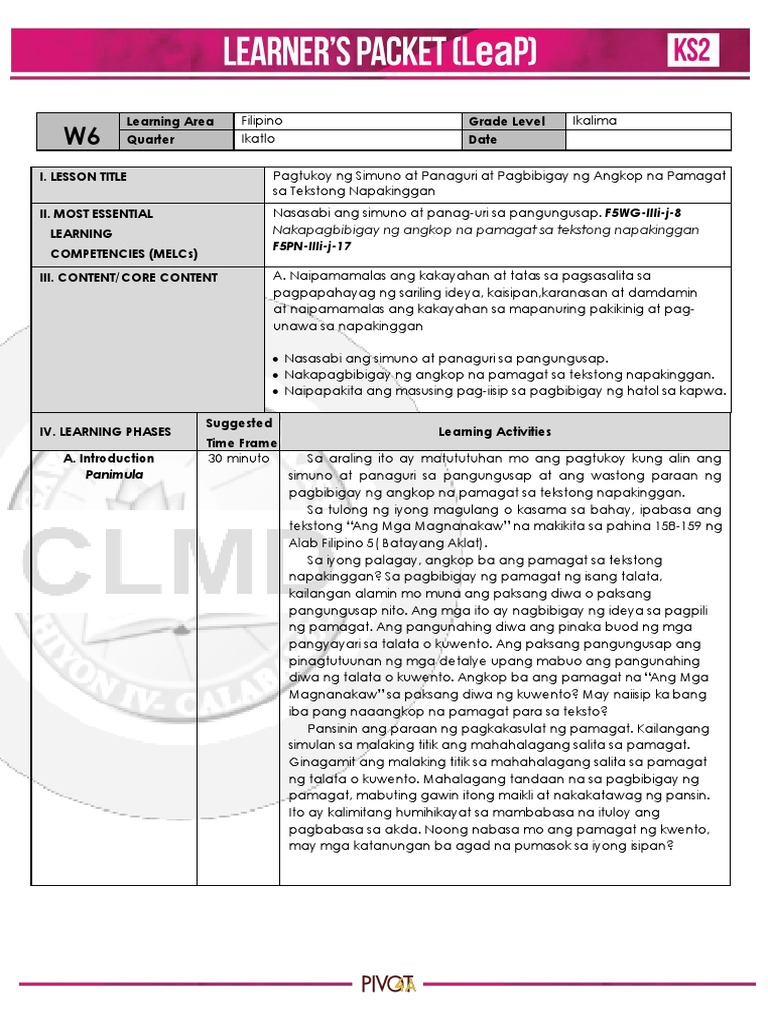 LeaP Filipino G5 Week 6 Q3 | PDF