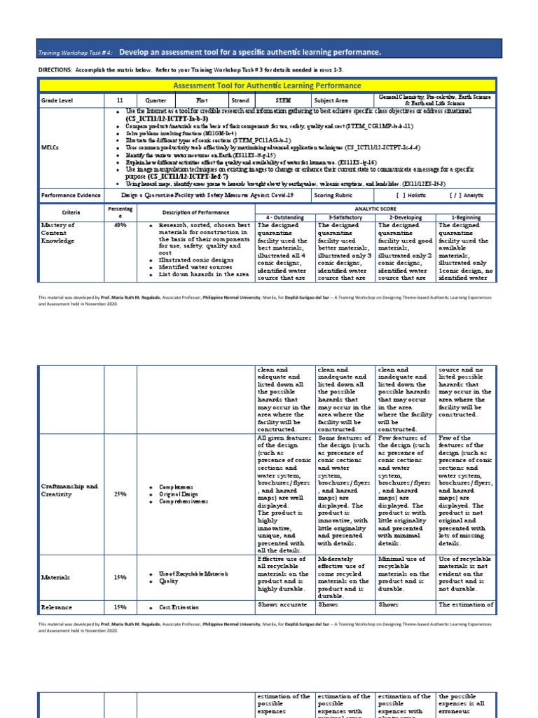 Assessment Tool For Authentic Learning Performance Task 4 SAMPLE | PDF ...