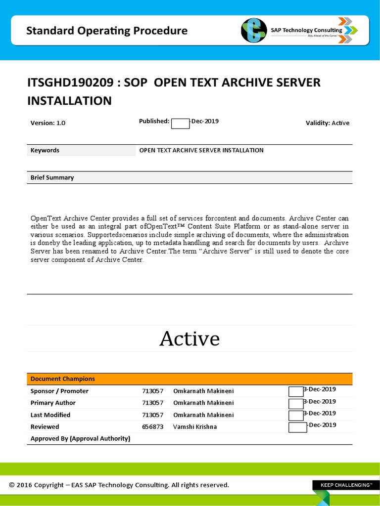 ITSGHD190209 - Open Text Archive Server Installation With SQL Database ...