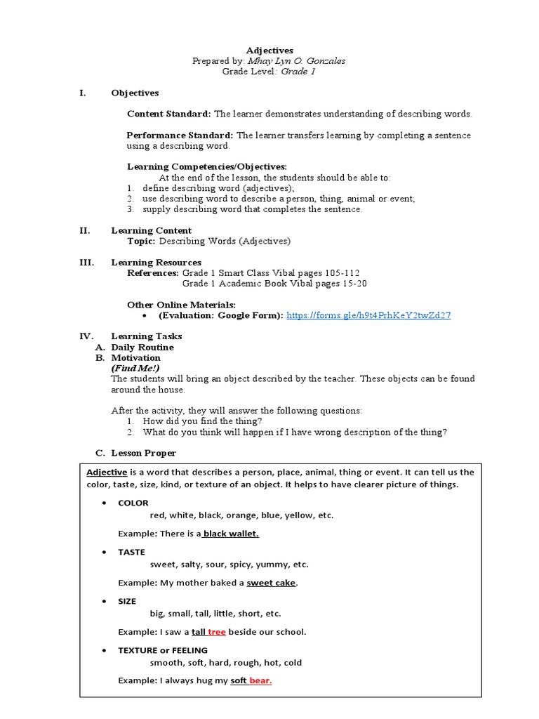 Gonzales - LessonPlan - Describing Words | PDF | Taste | Pedagogy