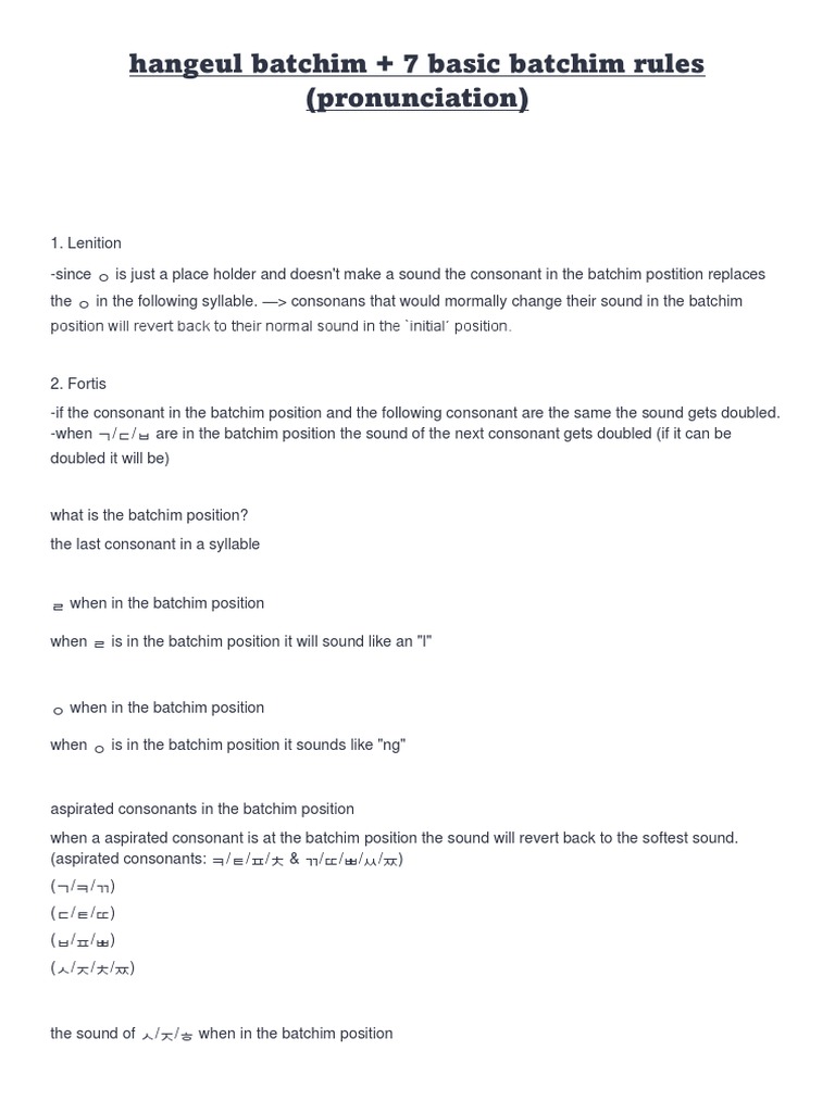 Hangeul Batchim + 7 Basic Batchim Rules (Pronunciation) | PDF ...