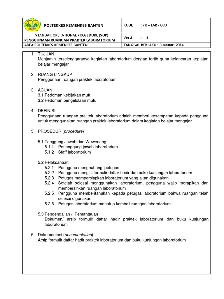 1.sop Penggunaan Laboratorium | PDF