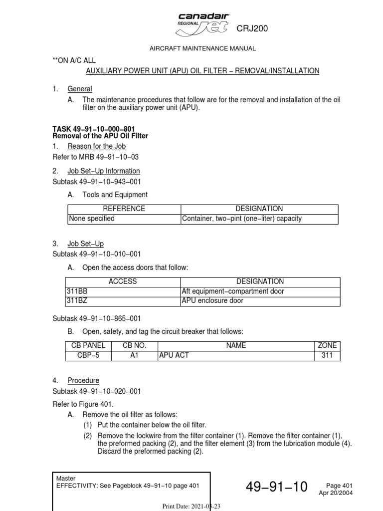 TASK 49 91 10 000 801 Removal of The APU Oil Filter: Aircraft ...