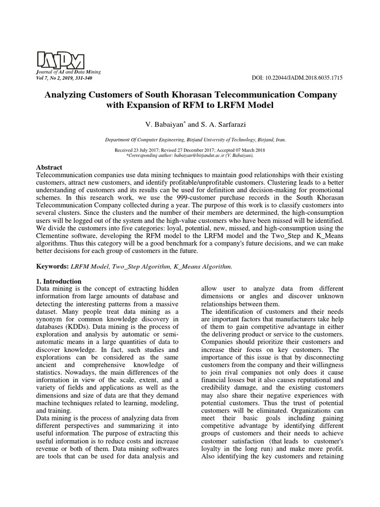 Analyzing Customers of South Khorasan Telecommunication Company with Expansion of RFM to LRFM ...