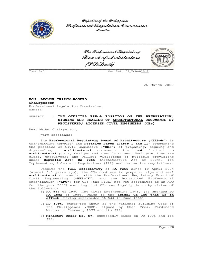 Position of PRBoA On Arch - L Documents | PDF | Government | Public Law