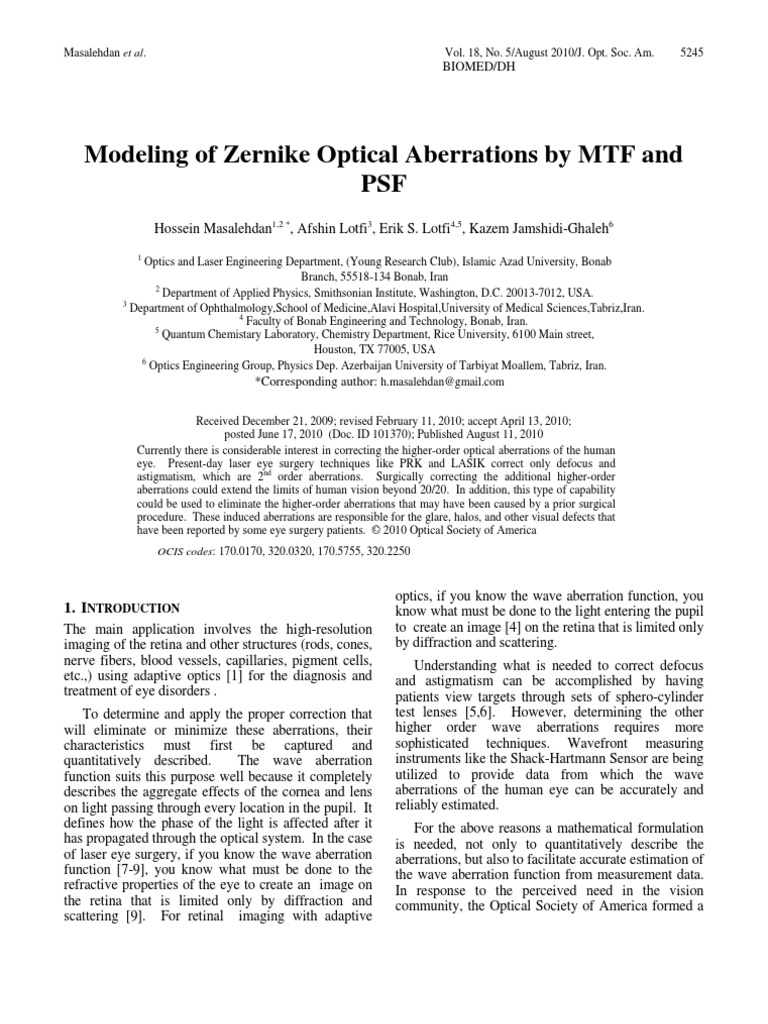 Modeling of Zernike Optical Aberrations by MTF and PSF | PDF | Natural ...