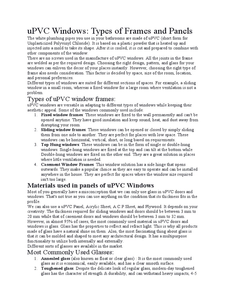 uPVC Windows: Types of Frames and Panels | PDF | Window | Glasses