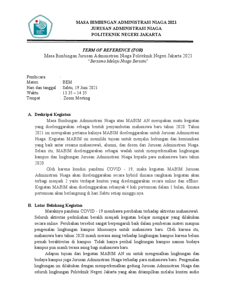 Term of Reference (ToR) MABIM AN 2021 (BEM) | PDF