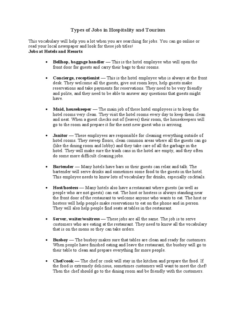 Types of Jobs in Hospitality and Tourism | PDF | Waiting Staff ...