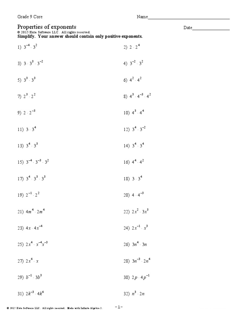 Properties of Exponents: Simplify. Your Answer Should Contain Only ...
