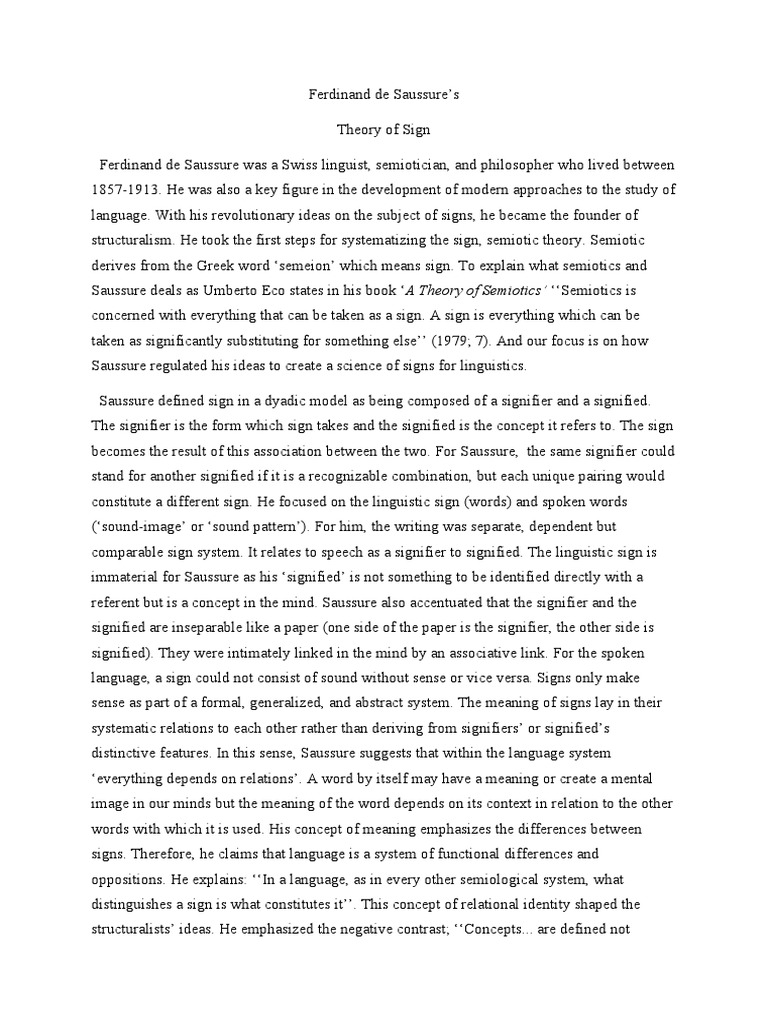 Ferdinand de Saussure's Theory of Sign | PDF | Concept | Semiotics