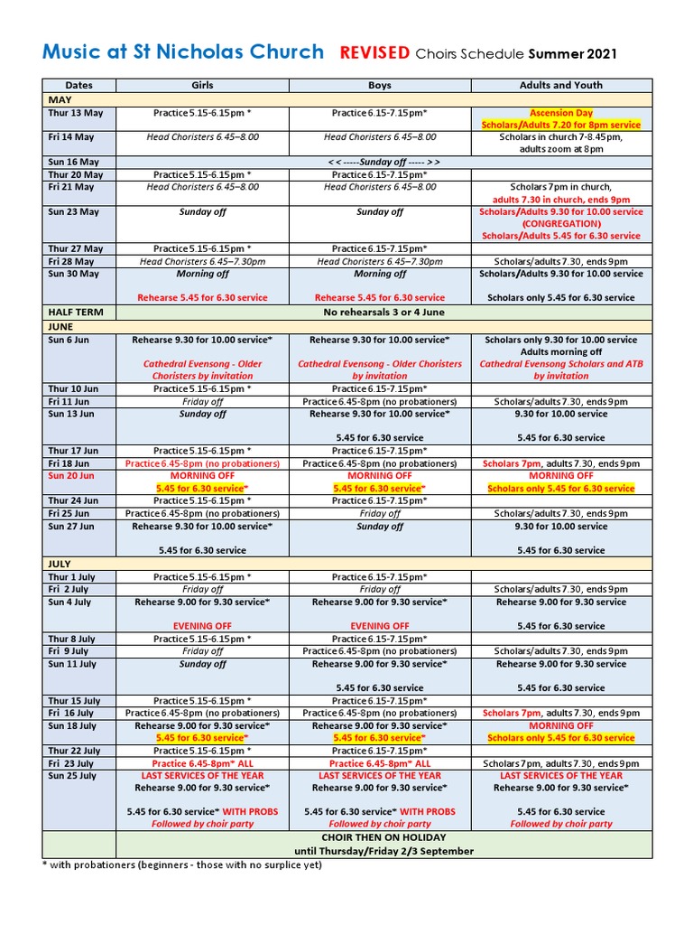 Choirs Schedule REVISED Summer 2021 | PDF | Worship | Christian Worship ...