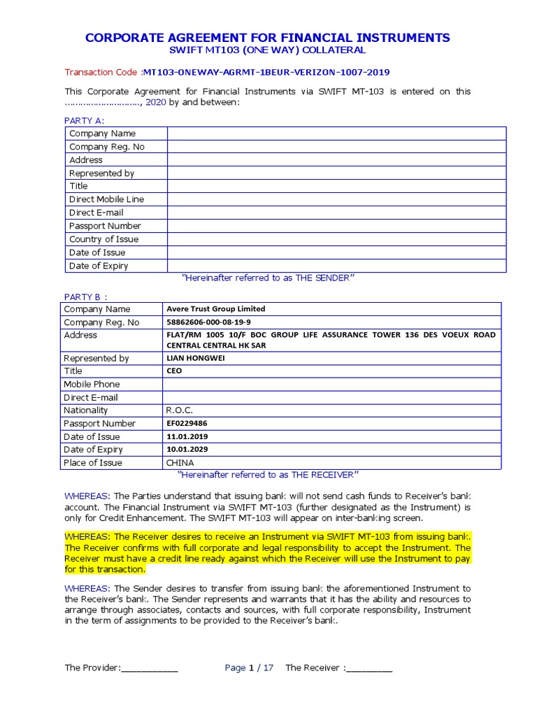 Mt103 One Way Contract 15b 10+2% Cashback (Avere - Blank) | PDF | Wire ...