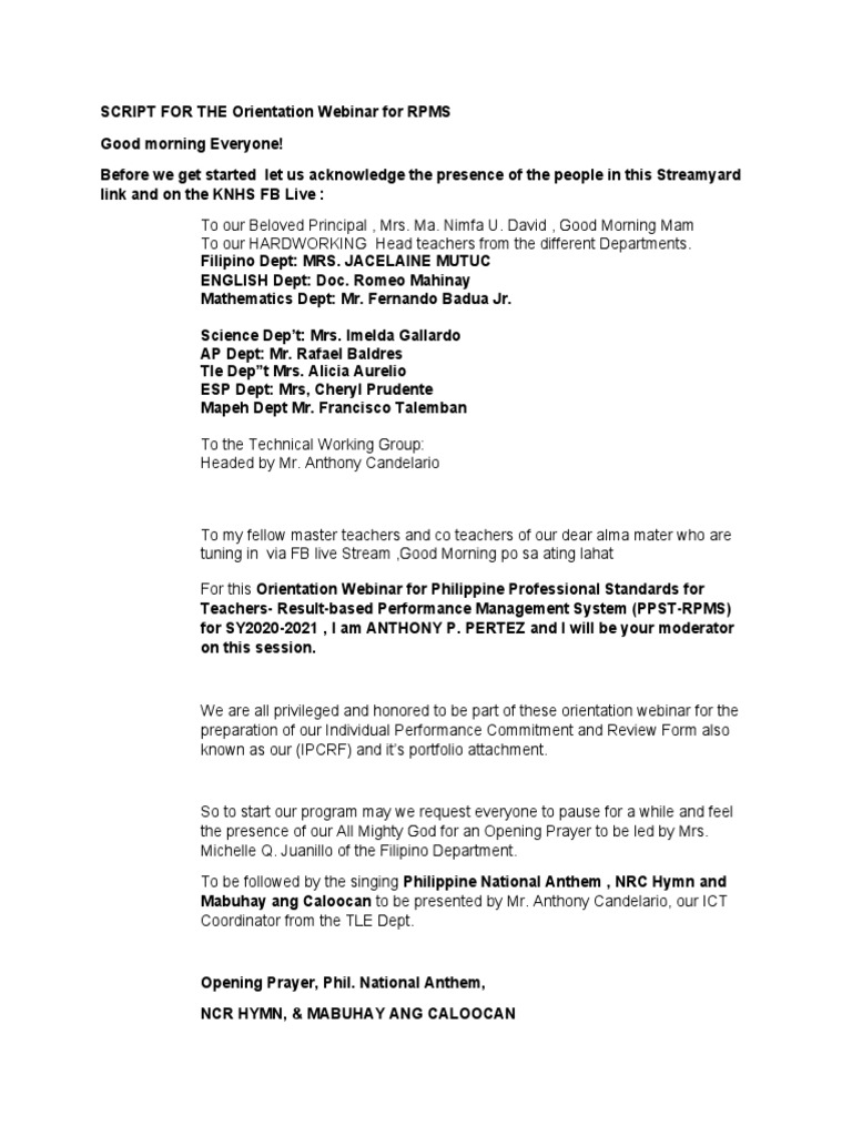 SCRIPT For The Orientation Webinar For RPMS | PDF