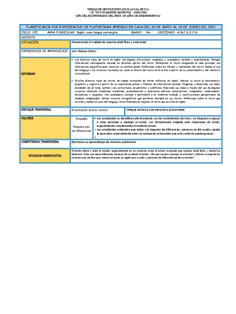 Planificador Experiencia de Aprendizaje | PDF | Estrés (biología) | Empatía