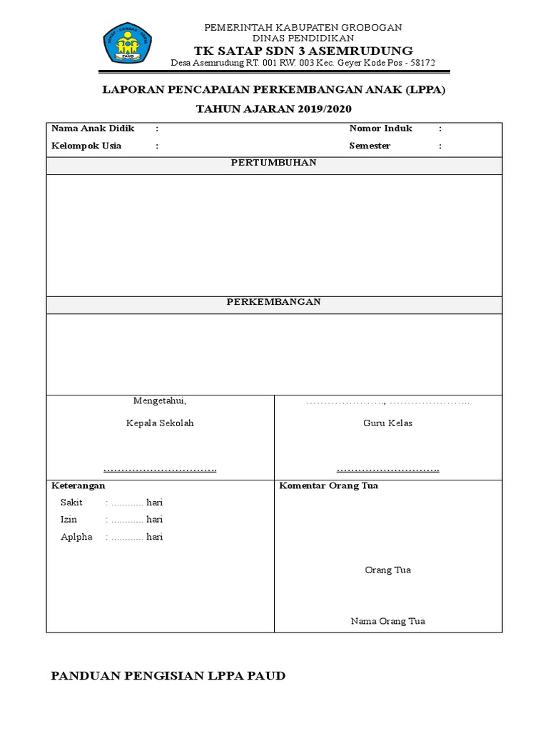 Format Lppa Paud Laporan Perkembangan Anak | PDF
