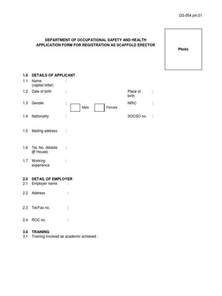Department of Occupational Safety and Health Application Form For ...