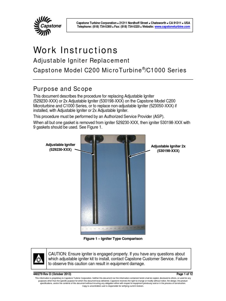 Work Instructions: Adjustable Igniter Replacement Capstone Model C200 ...