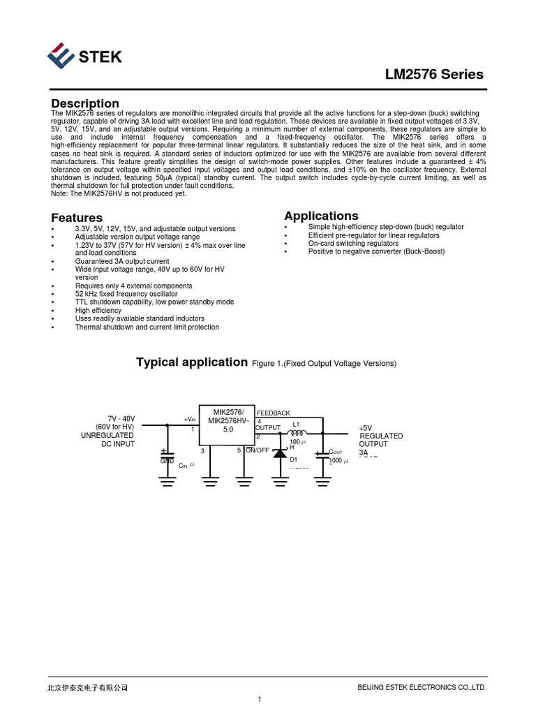 LM2576 Series Step-Down Switching Regulator ICs Datasheet Summary | PDF ...