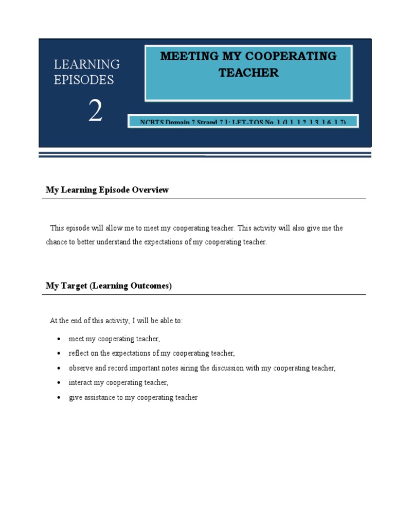 Learning Episodes: Meeting My Cooperating Teacher | PDF | Classroom ...