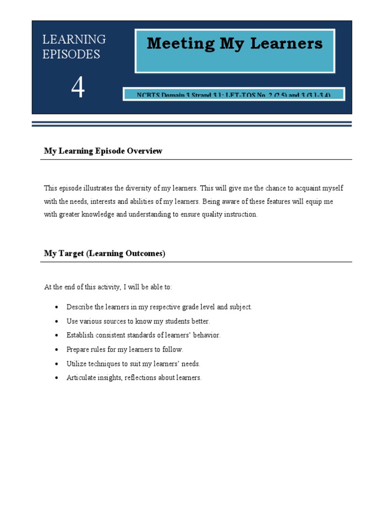 Meeting My Learners: Learning Episodes | PDF | Learning | Teachers