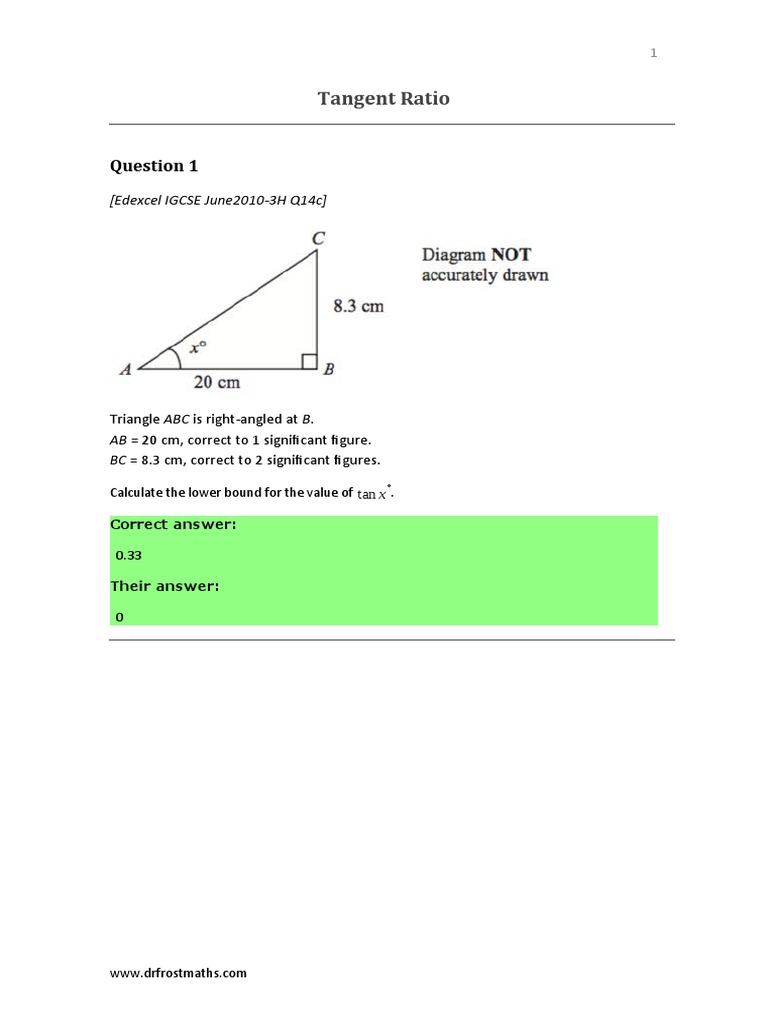 Tangent Ratio: (Edexcel IGCSE June2010-3H Q14c) | PDF | Teaching ...