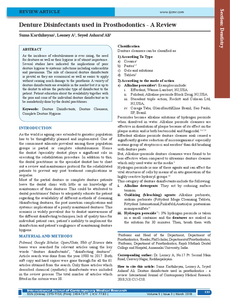 Denture Disinfectants Used in Prosthodontics - A Review | PDF ...