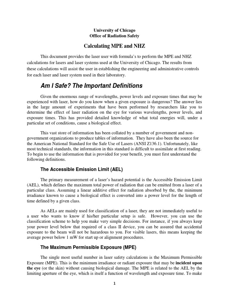 MPE and NHZ Calculations for Lasers | PDF | Laser | Radiation