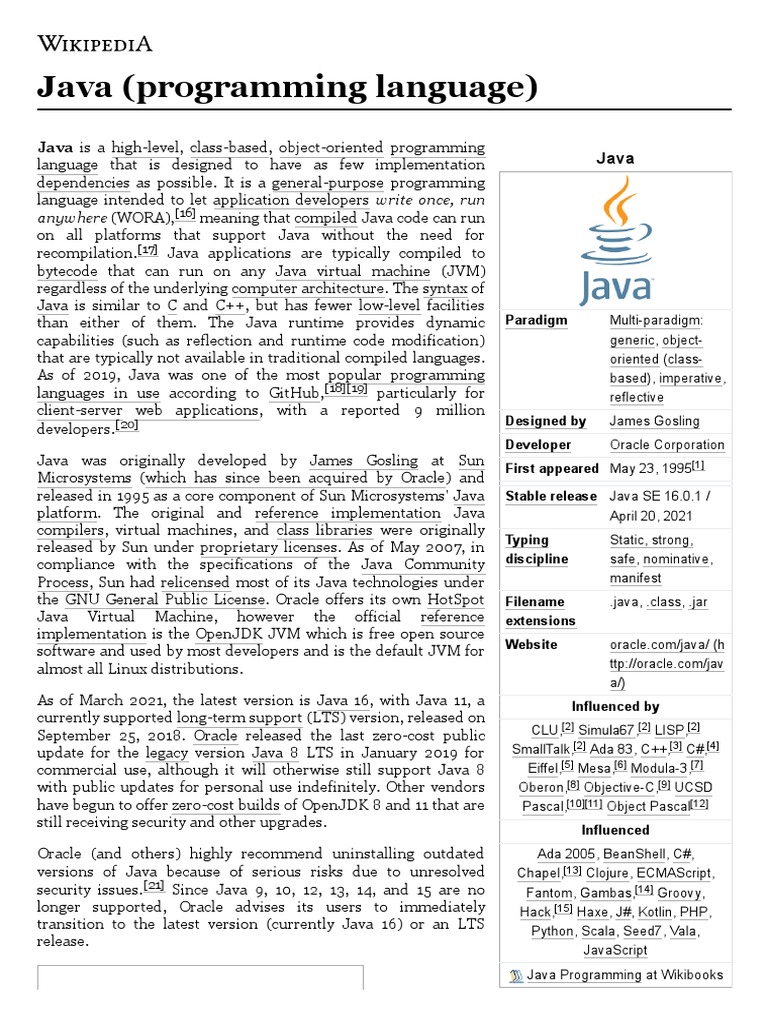 Java (Programming Language) : Java Is A High-Level, Class-Based, Object-Oriented Programming ...