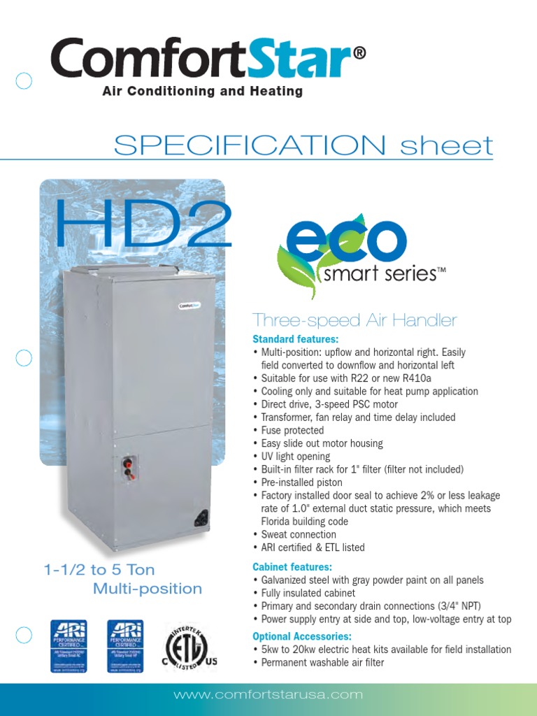 Specification Sheet: Three-Speed Air Handler | PDF | Electric Motor ...