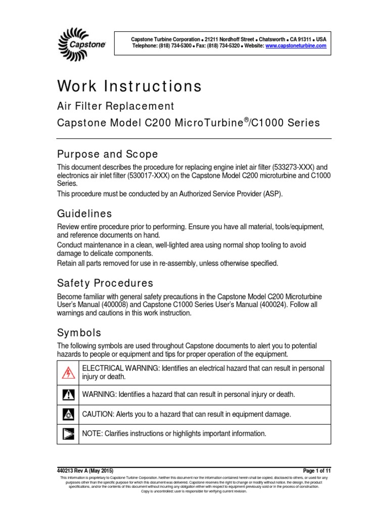 Work Instructions: Air Filter Replacement Capstone Model C200 ...