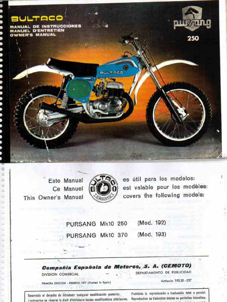 Bultaco Pursang 250,370 Mk.10 '77 Owner's Manual (192.30-027) . | PDF