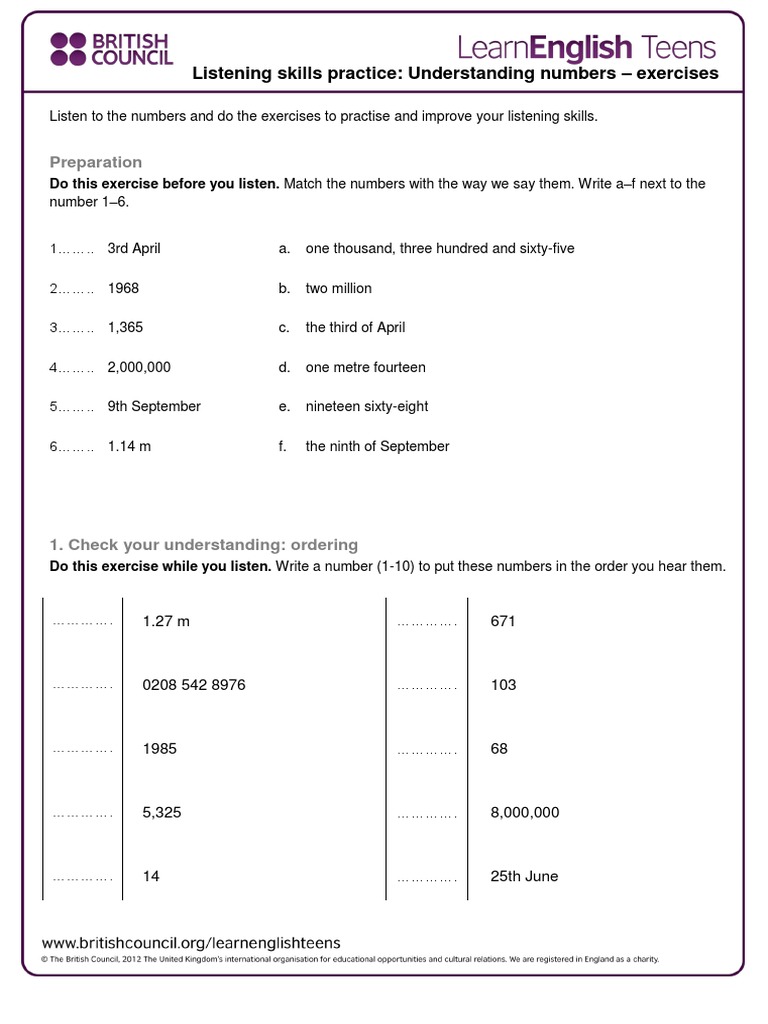 Improve Listening Skills with Numbers Exercises | PDF | Teaching ...