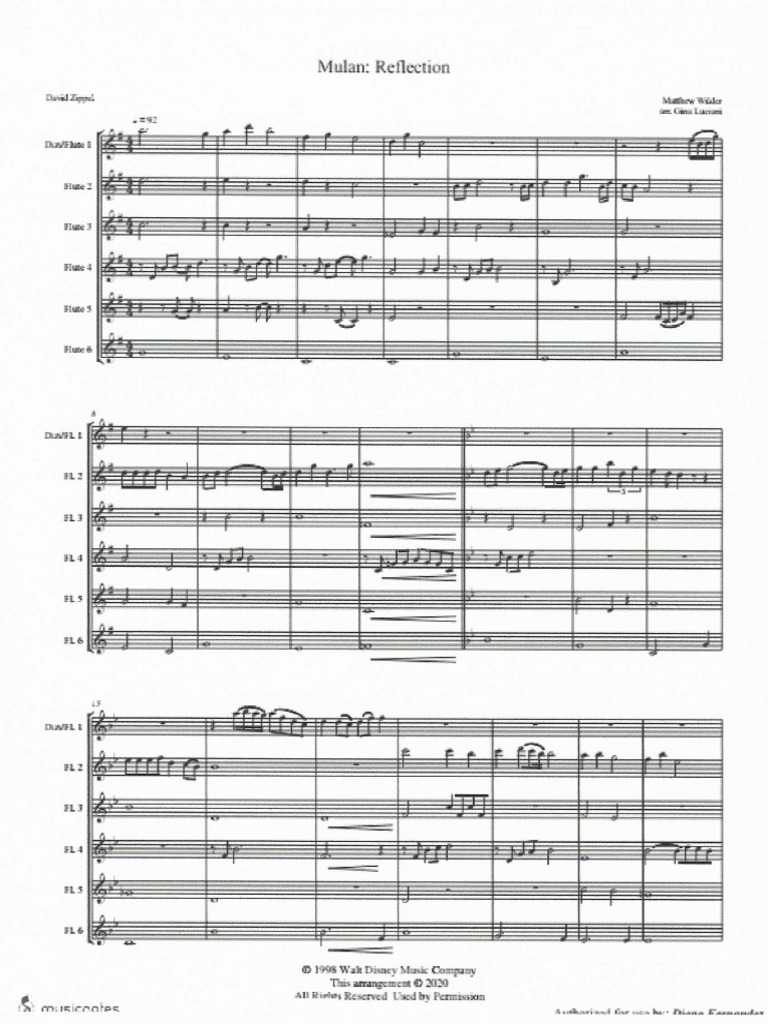 Mulan Reflections For 6 Flutes | PDF