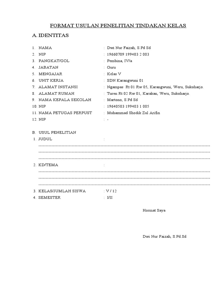 Format Usulan Penelitian Tindakan Kelas | PDF
