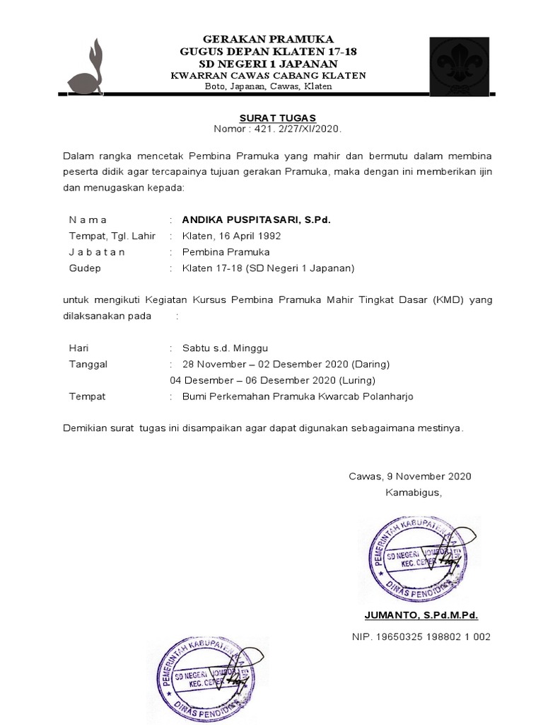 Contoh Surat Tugas KMD Pramuka | PDF