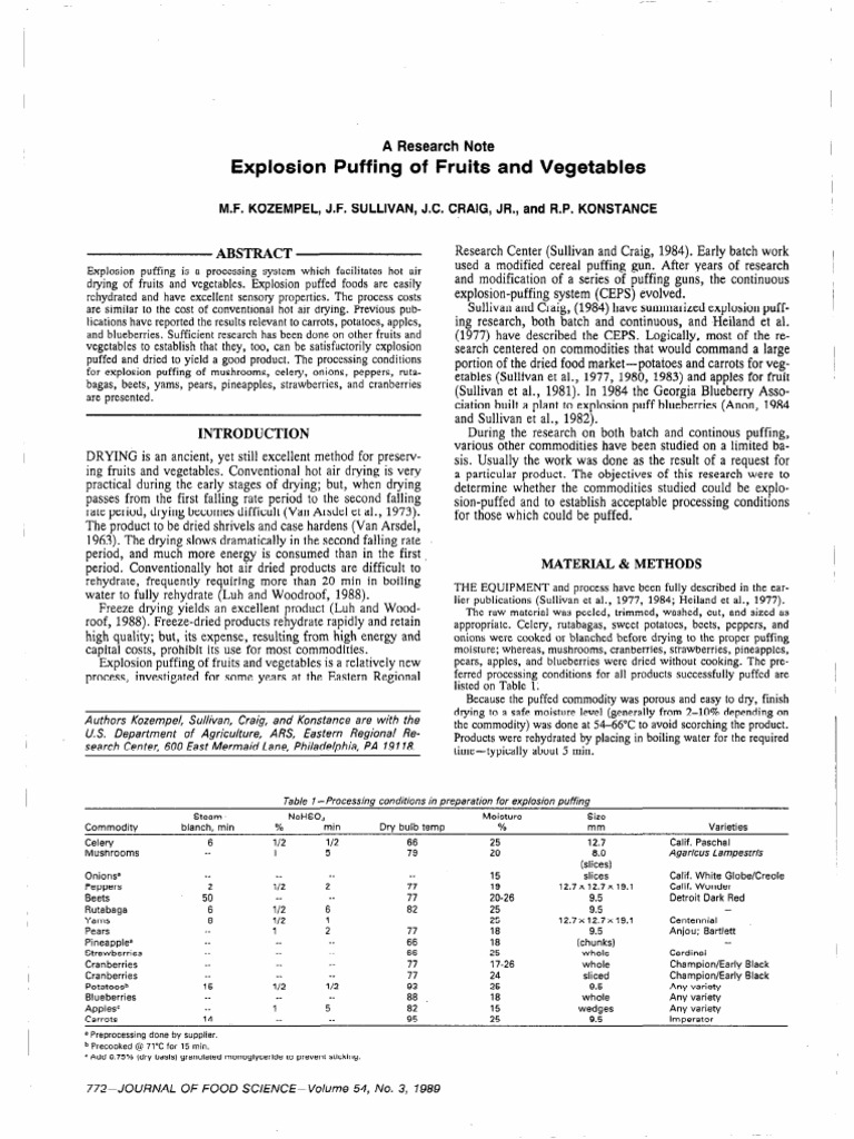 Explosion Puffing of Fruits and Vegetables: A Research Note | PDF ...
