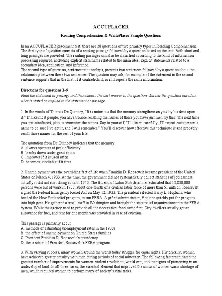 Accuplacer: Reading Comprehension & Writeplacer Sample Questions | PDF ...