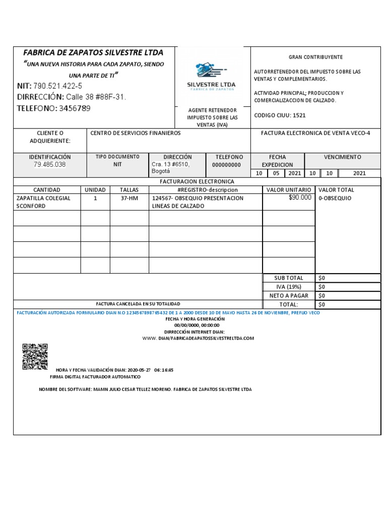 Factura Electronica Fabrica de Zapatos Silvestre Ltda Colegial | PDF ...