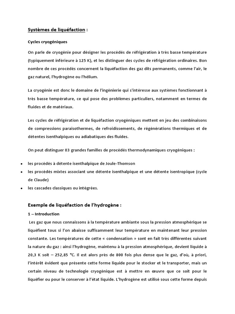 Systèmes de liquéfaction cryogénique | PDF | Hydrogène liquide | Cryogénie