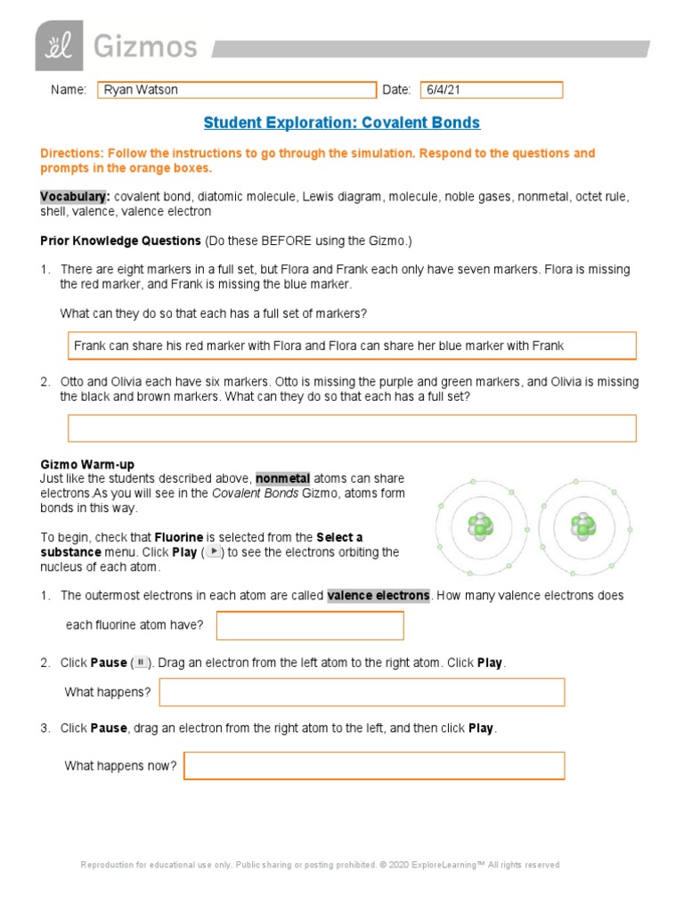 Student Exploration: Covalent Bonds | PDF | Valence (Chemistry ...