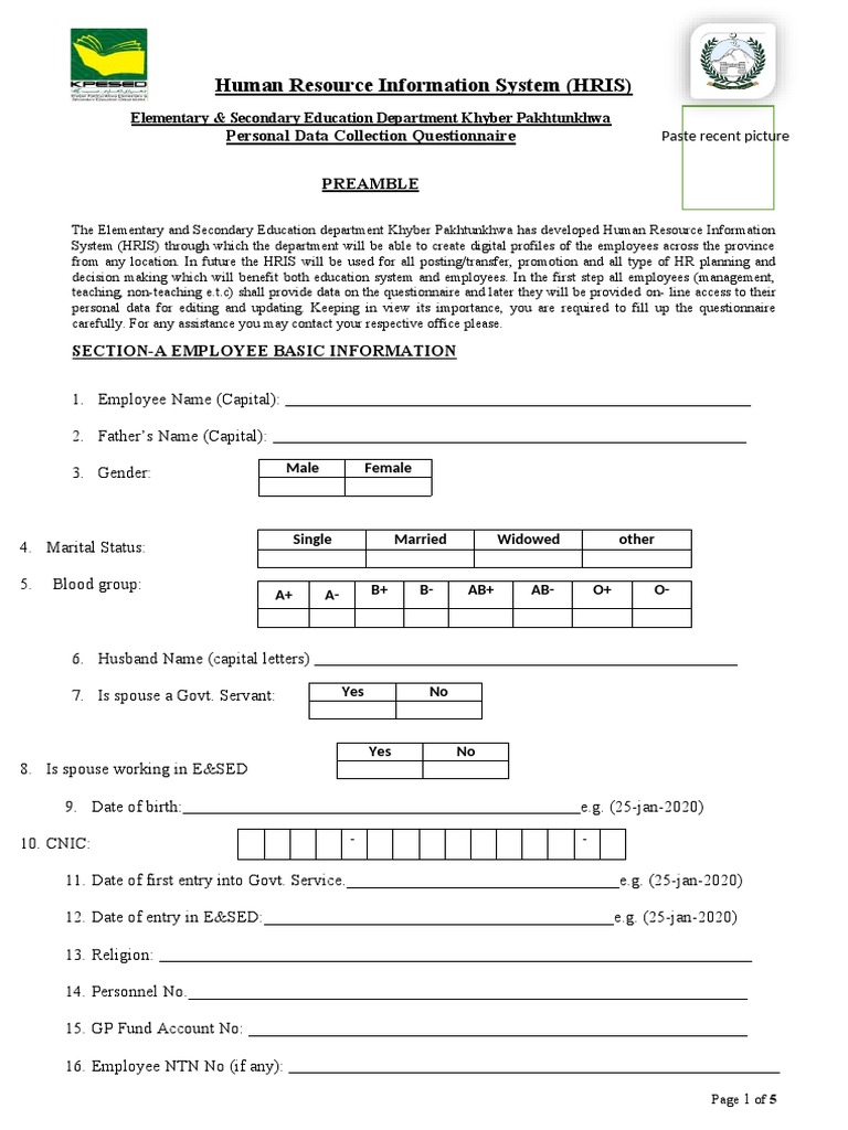 Human Resource Information System (HRIS) : Personal Data Collection ...