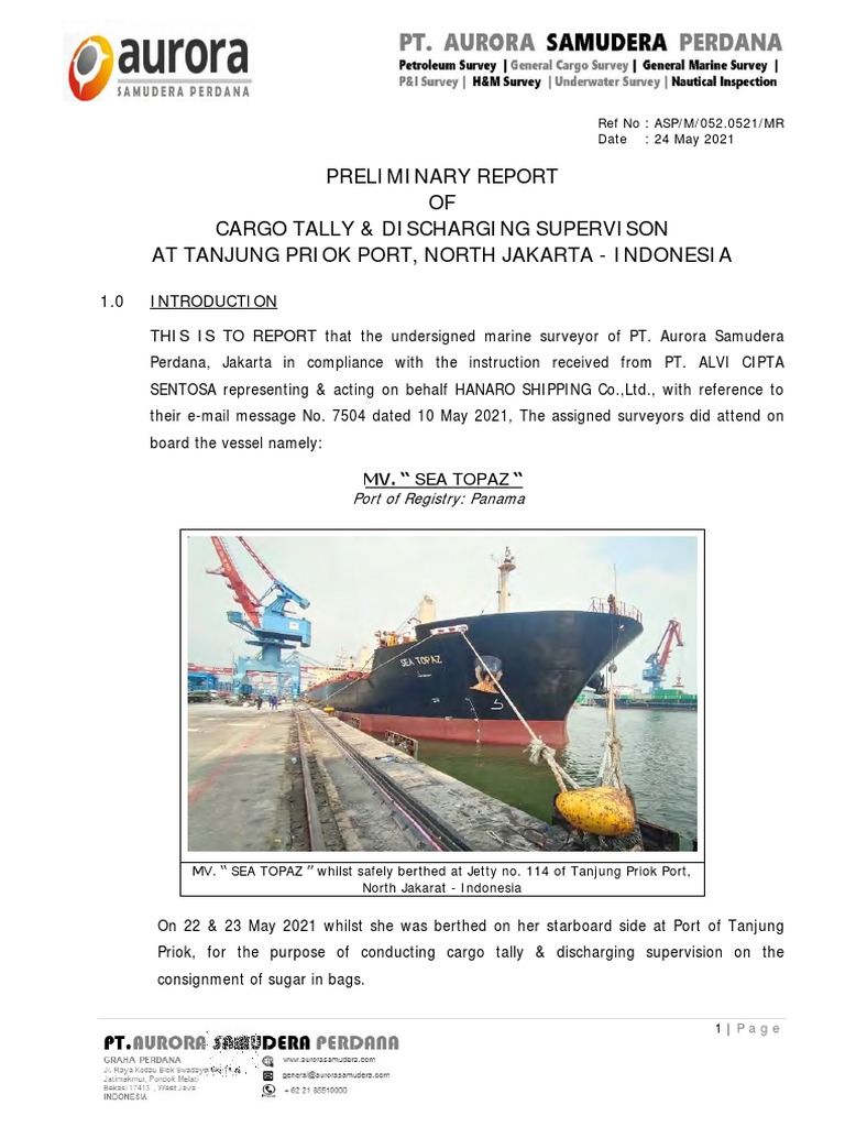 Cargo Tally Report: MV Sea Topaz | PDF | Tonnage | Cargo