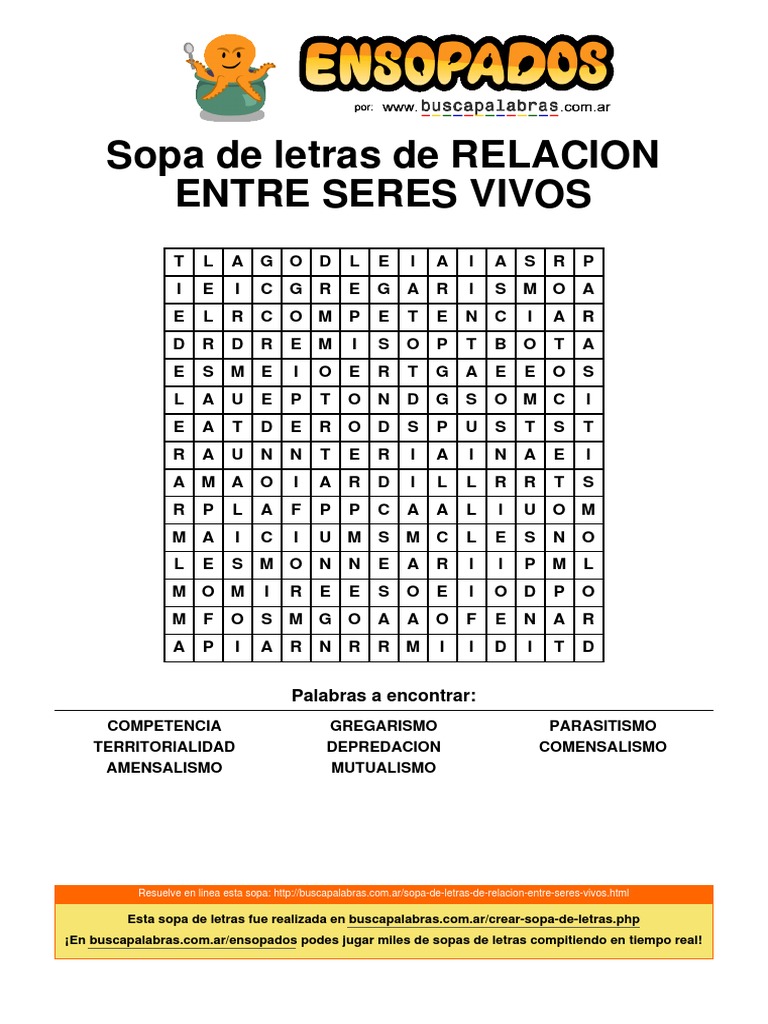 Sopa de Letras de Relacion Entre Seres Vivos | PDF
